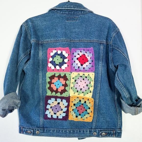 Vintage | Jackets & Coats | Ooak Vintage Denim Granny Square Jacket ...